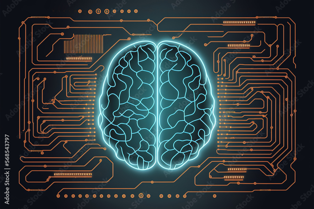 Glowing LED Neon Teal Blue Digital Brain Neural Network Illustration, Artificial Intelligence ...