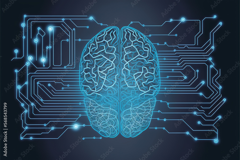 Glowing LED Neon Teal Blue Digital Brain Neural Network Illustration, Artificial Intelligence ...