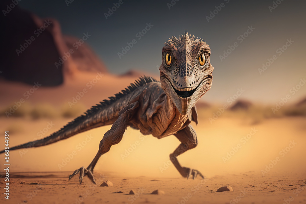 Poster, Foto Dinosaur: a velociraptor in a desert environment ...