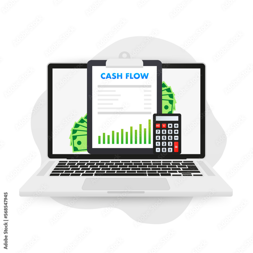 Illustration of cash flow with laptop money and graphic diagram.Cash ...