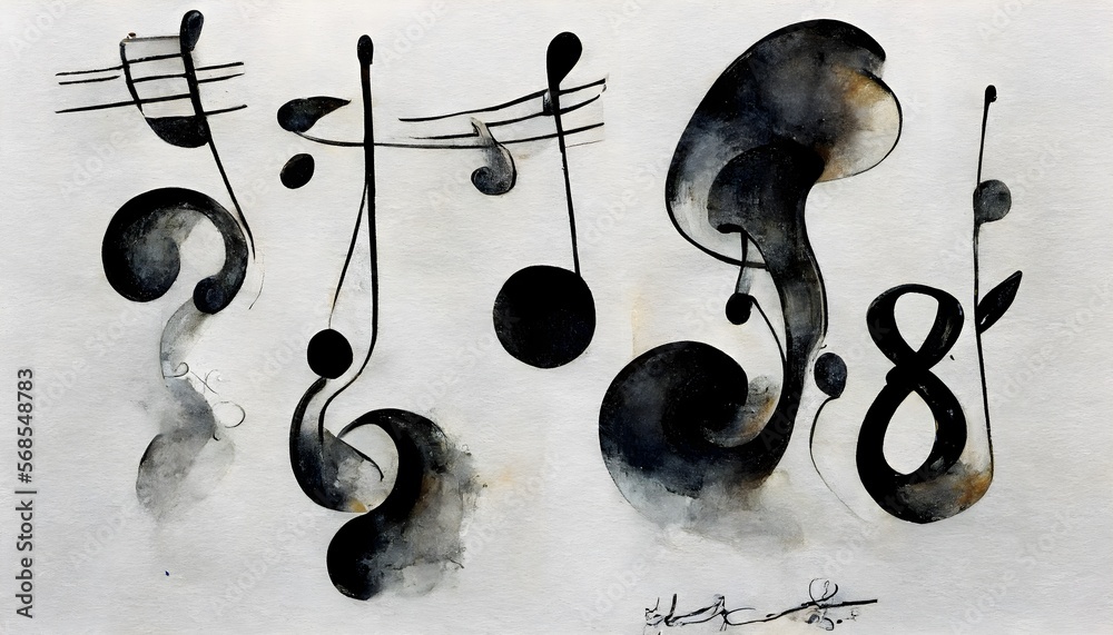 watercolor black and white music music notes c scale realistic textured ...