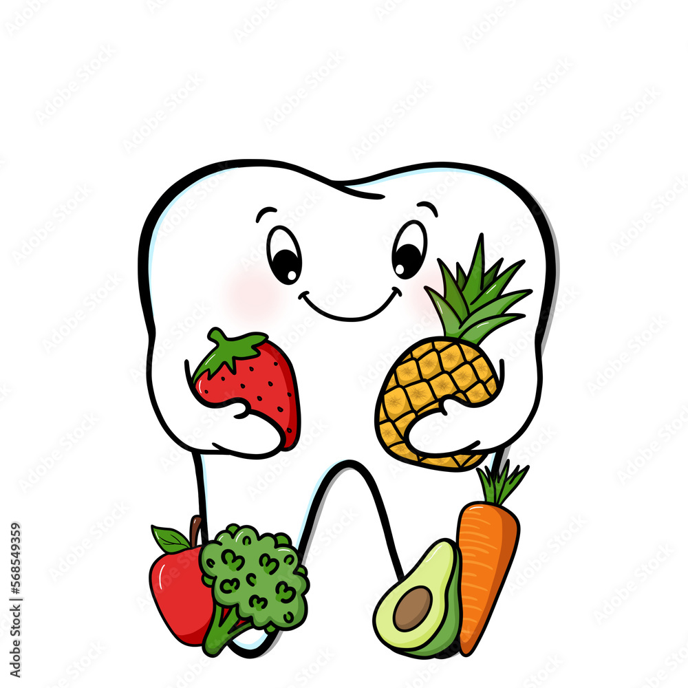 Diente con alimentos saludables, Ilustración de diente, odontología ...