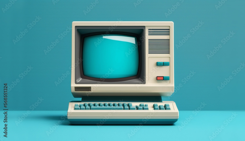 Retro computer on blue background Stock Illustration | Adobe Stock