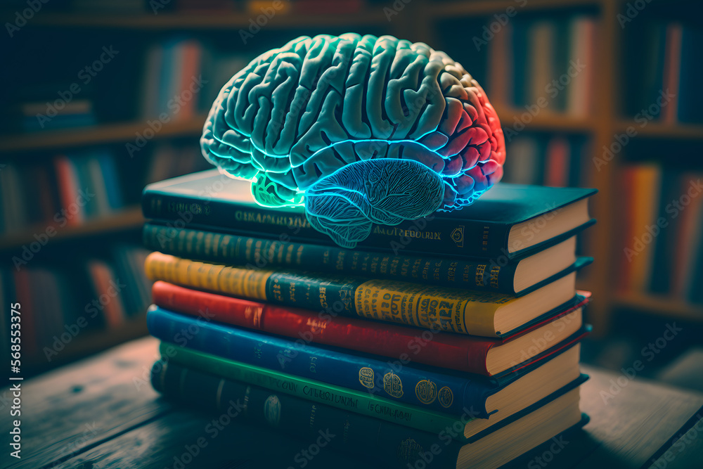 Glowing colored brain on a stack of books on a table in a library. The ...