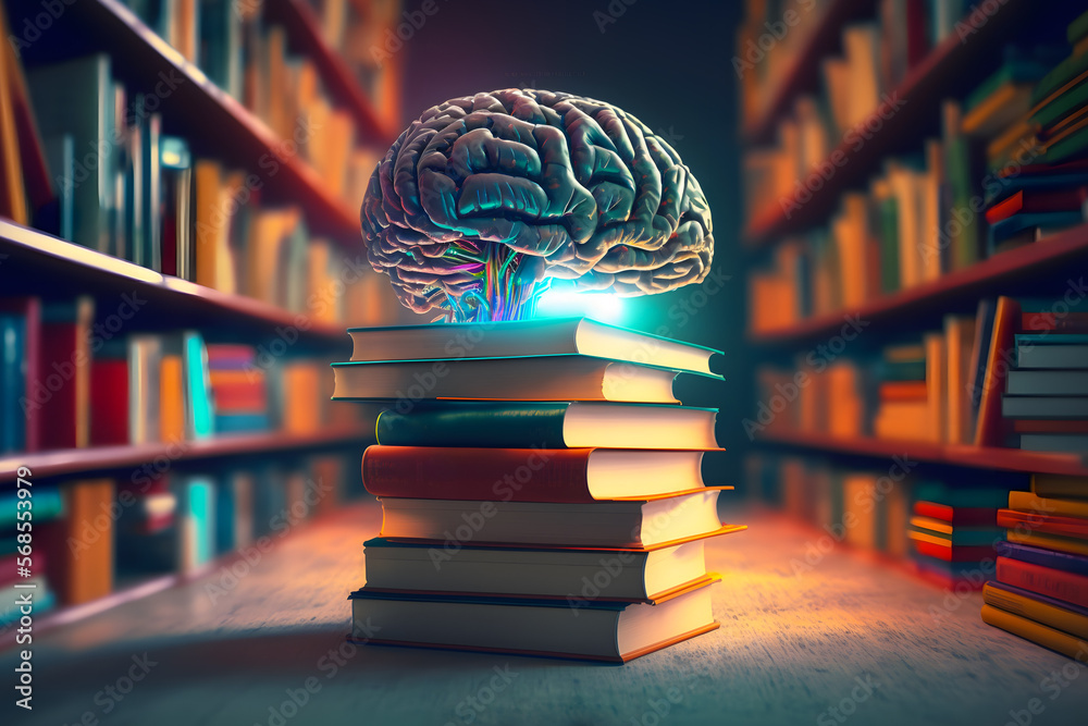 Glowing colored brain on a stack of books on a table in a library among the shelves. The concept ...