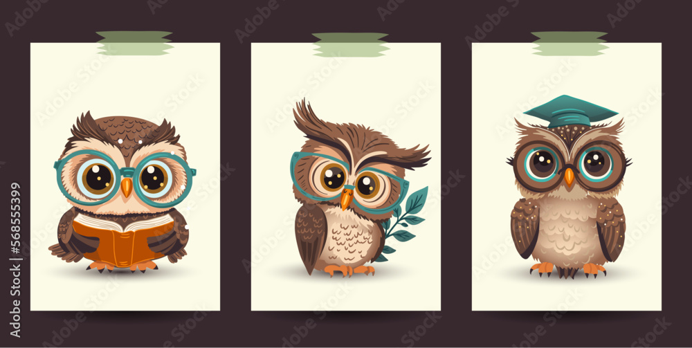 Cute cartoon owl vector card set. Poster learning wisdom smart studying ...
