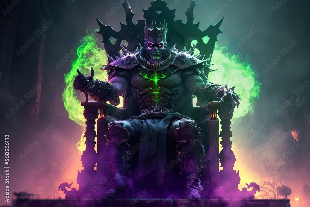 Dark demon lord sitting on the throne of the underworld in purging ...