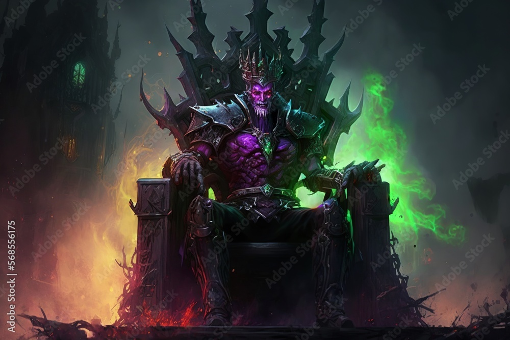 Dark demon lord sitting on the throne of the underworld in purging ...