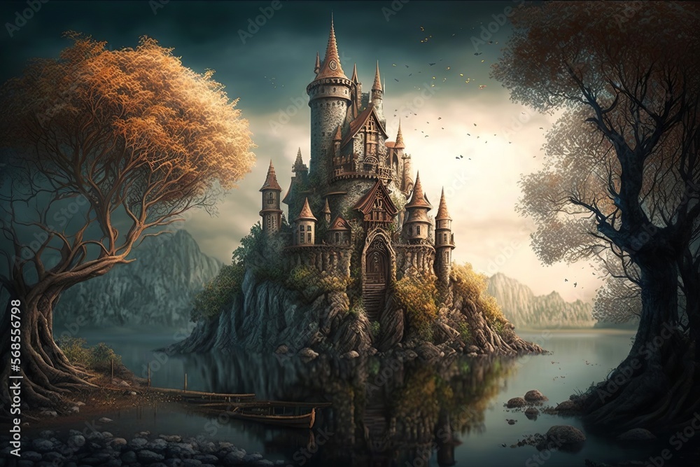 Fantasy castle with towers in the middle of the woods surrounded with ...
