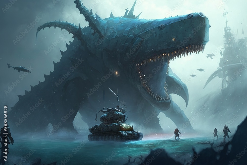 Whale-like colossal fantasy leviathan kaiju with giant jaws and teeth ...