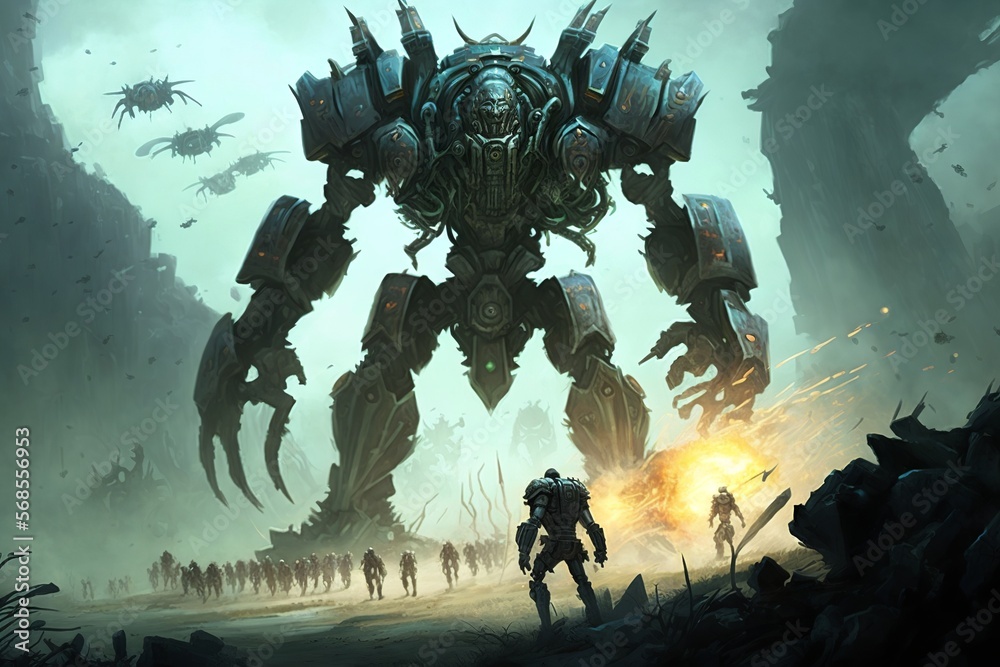 Colossal futuristic mech fighting on a battlefield against ...
