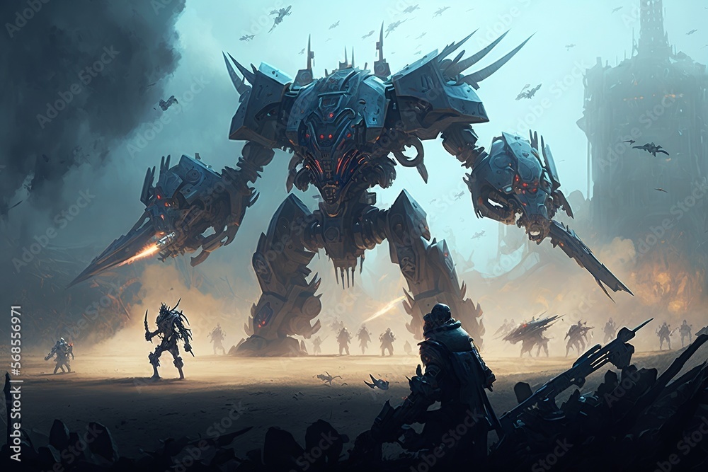 Colossal futuristic mech fighting on a battlefield against ...