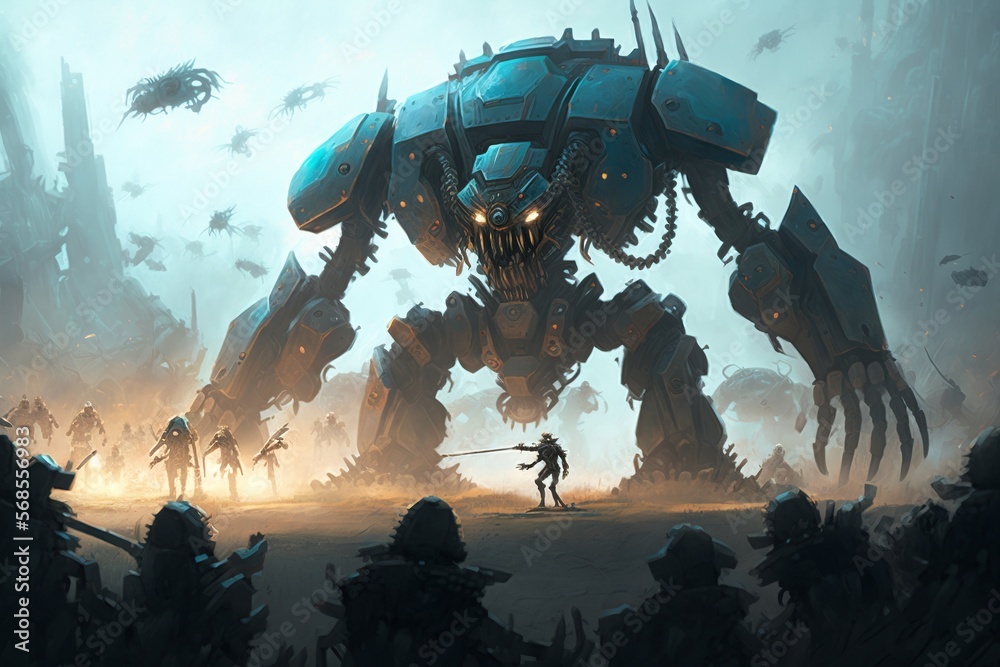 Colossal futuristic mech fighting on a battlefield against ...