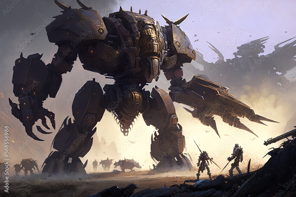 Colossal futuristic mech fighting on a battlefield against ...