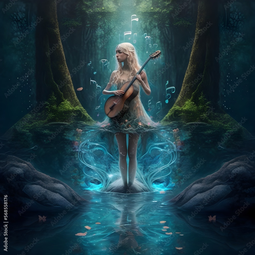 photorealistic magical forest with the photorealistic young blonde ...