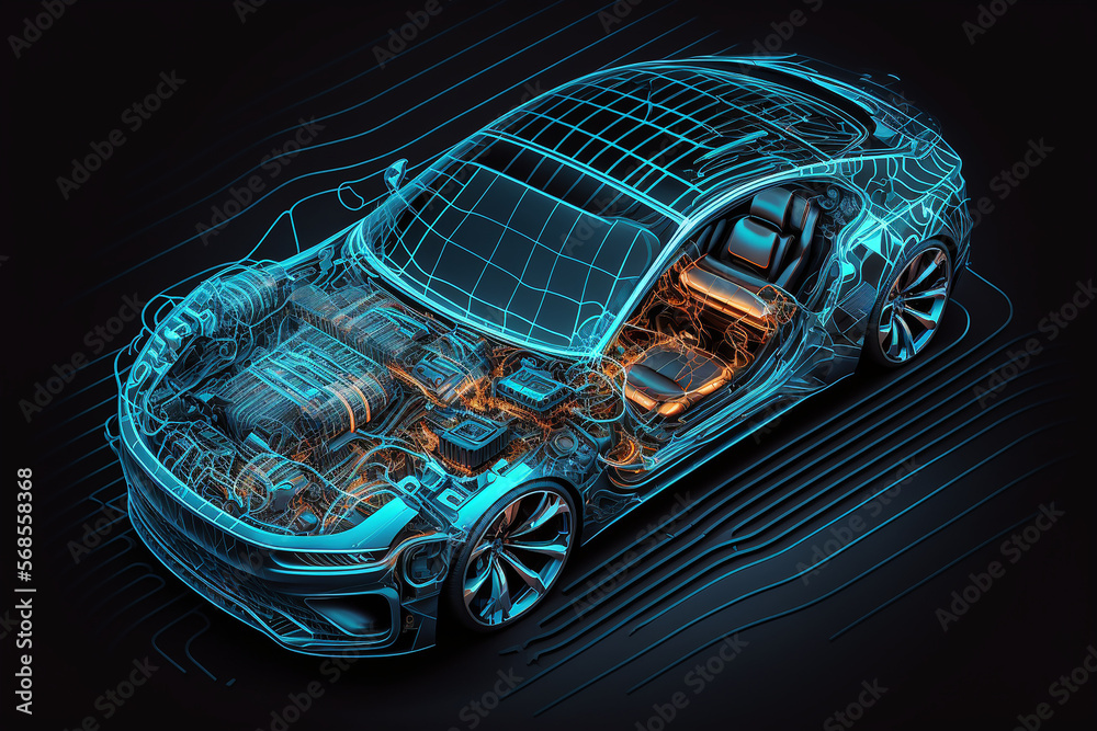 Top view of the car. Futuristic car service, scanning and auto data analysis. Car auto service ...