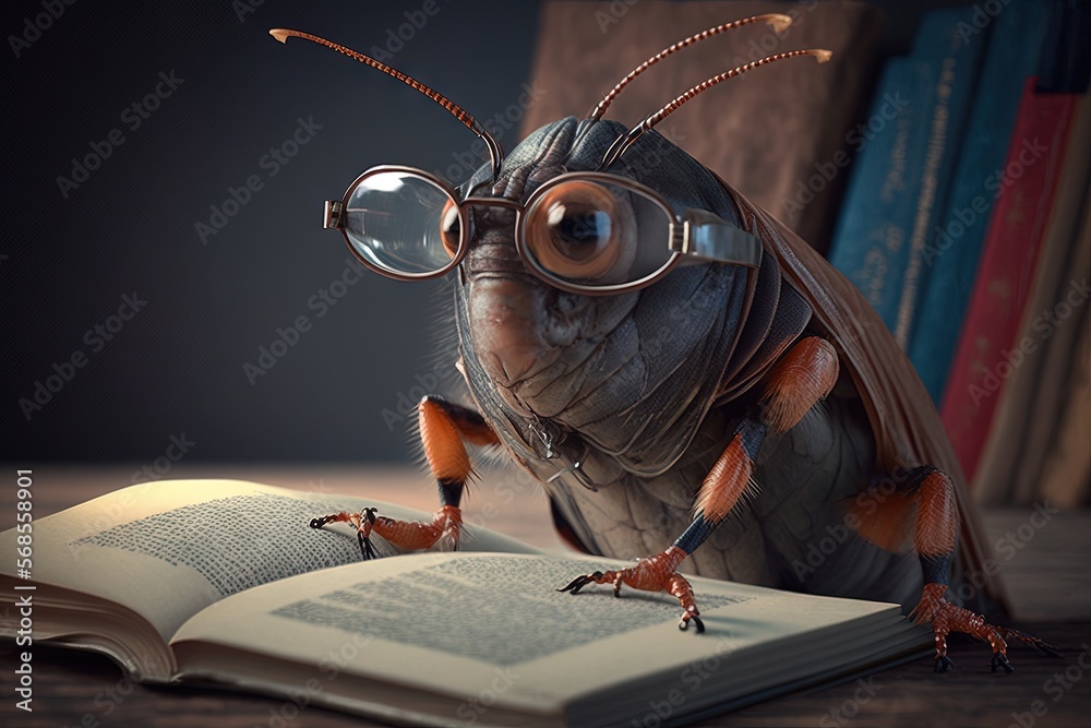 a bug wearing glasses sitting on top of an open book next to a pair of ...