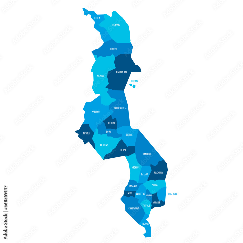 Malawi political map of administrative divisions - districts. Flat blue ...