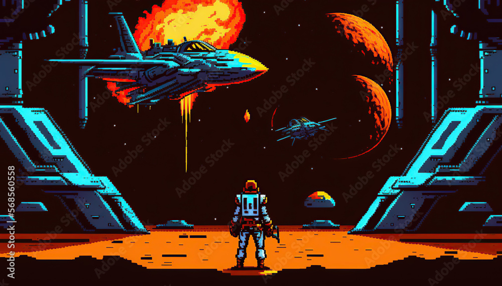A space ship on an racetrack, Retro computer games level. Pixel art ...