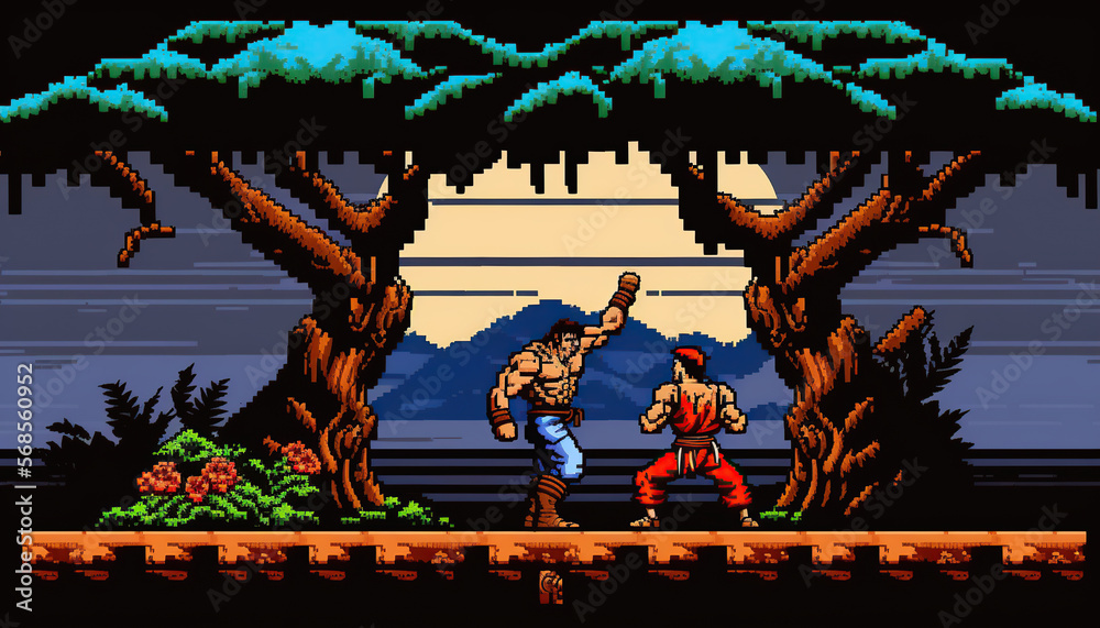 A fighting game, Retro computer games level. Pixel art video game scene ...