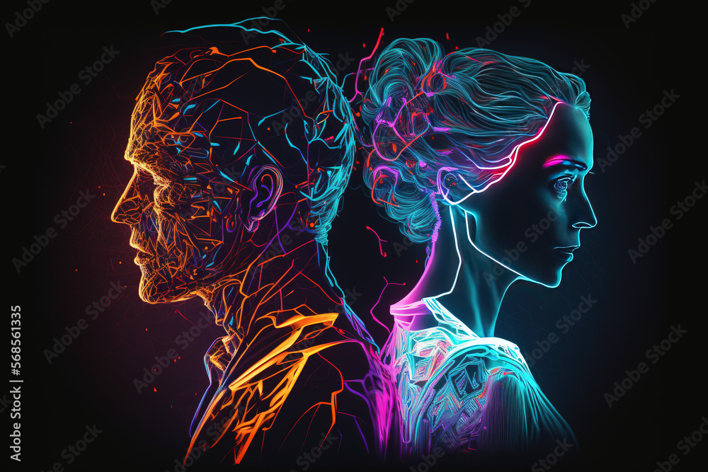 Man and Woman Neon Line Art, Man and Woman Stand Back to Back, Neon ...