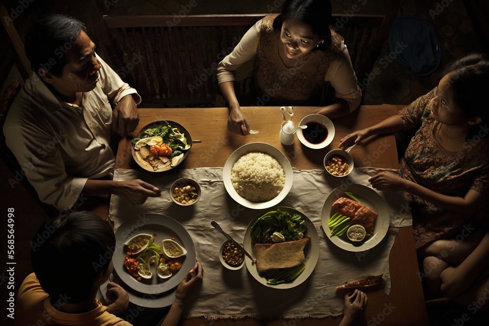 a group of people sitting around a table with plates and bowls of food ...