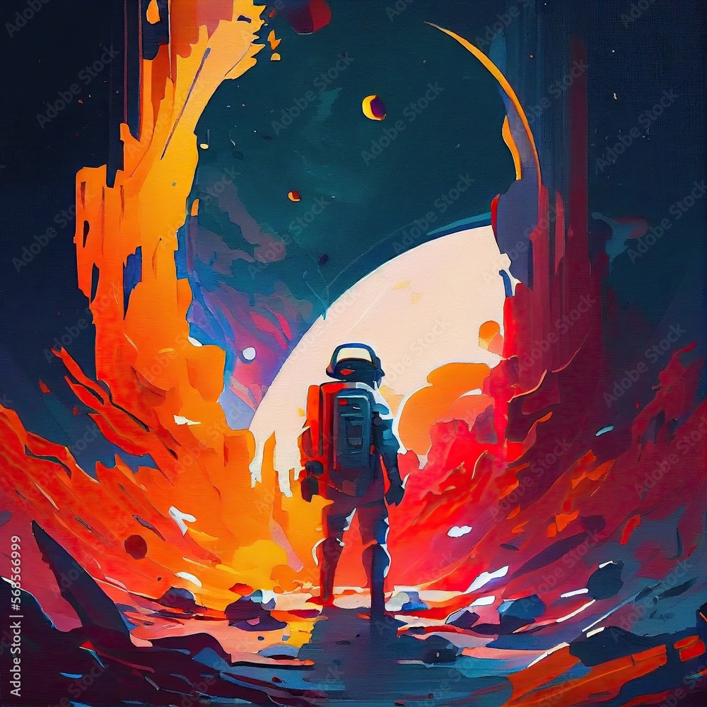 Astronaut in space, watercolor sketch style, vivid color scheme, front ...