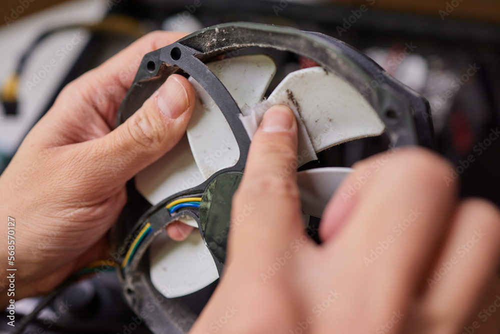 Internal parts of an old personal computer. Dusty motherboard, video ...