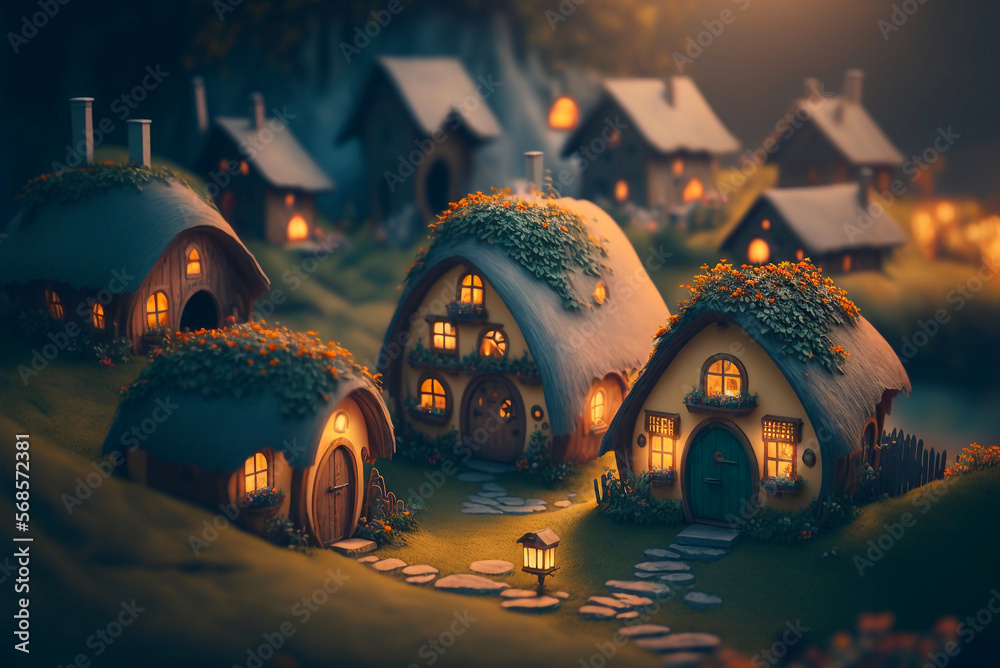 Hobbit village, houses with round doors and windows. Roofs of the ...