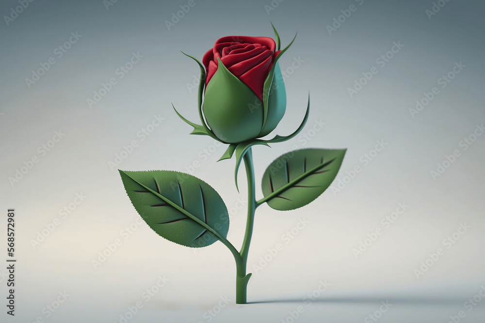 Rosa rossa con stelo e foglie verdi in stile render 3D su sfondo bianco ...
