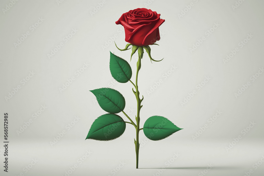 Rosa rossa con stelo e foglie verdi in stile render 3D su sfondo bianco ...