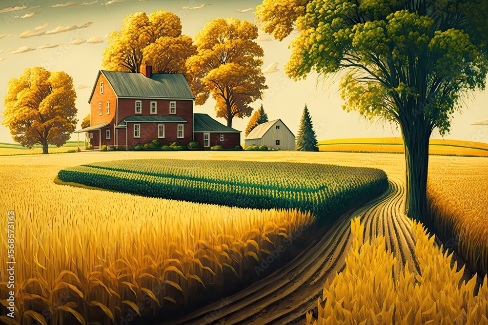 Fall: A farm with ripe crops of golden corn and green wheat ...