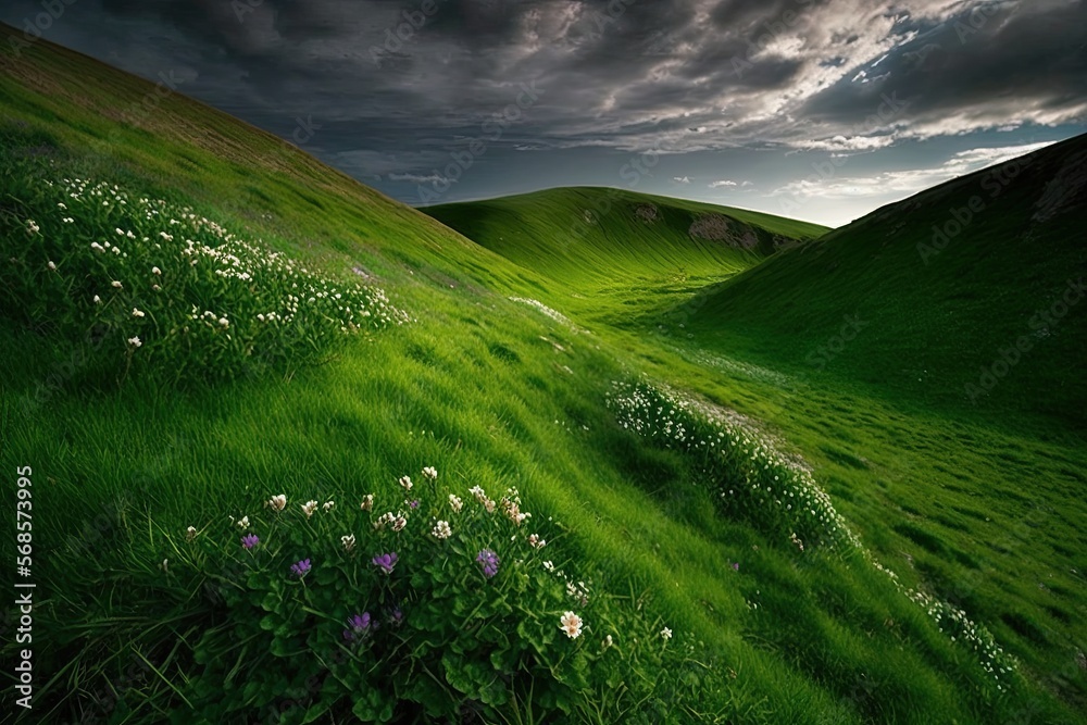 Spring: A rolling hillside covered in a carpet of green grass and ...