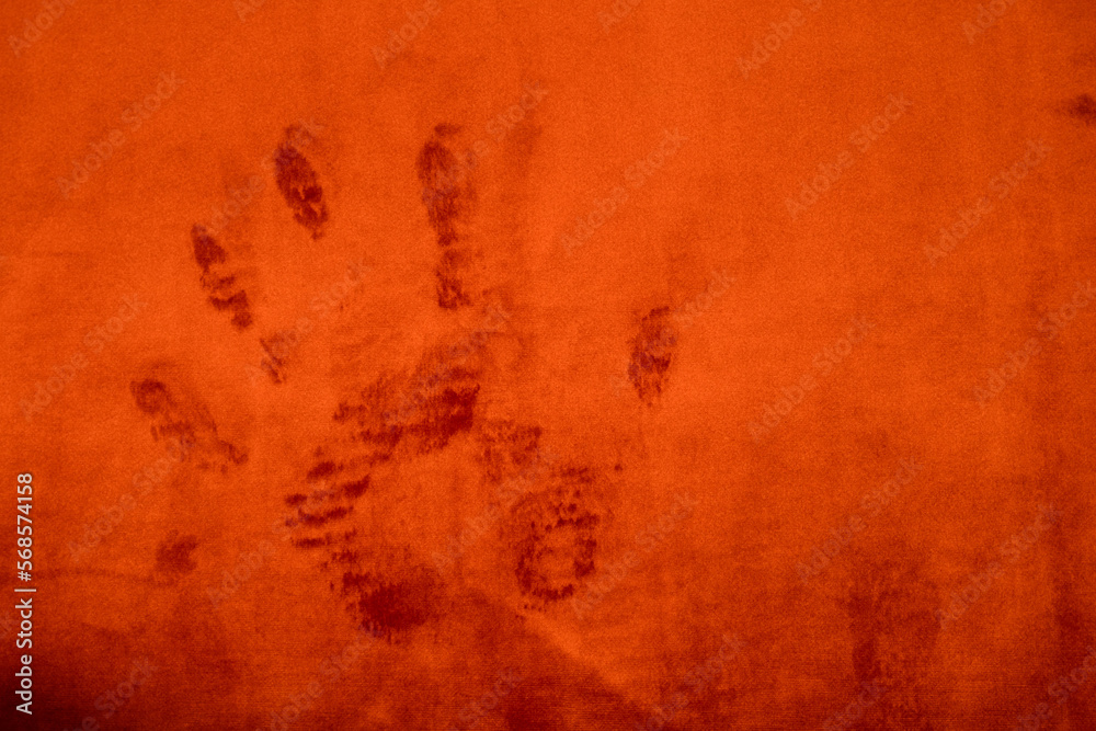 Handprint on red fabric. Stop sign. Abstract art design, symbol of ...