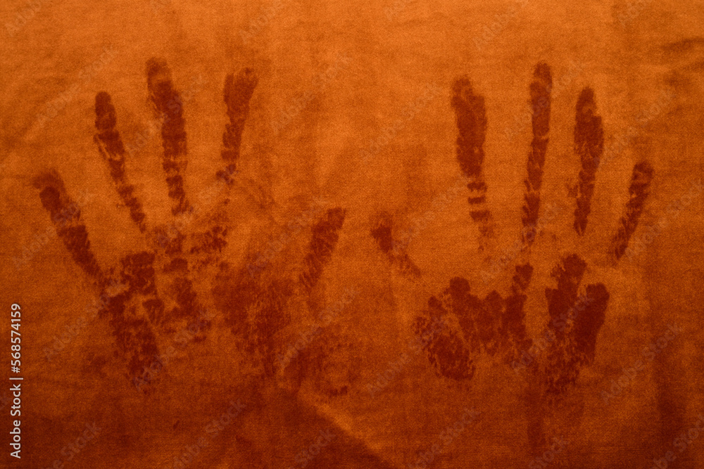 Handprint on red fabric. Stop sign. Abstract art design, symbol of ...