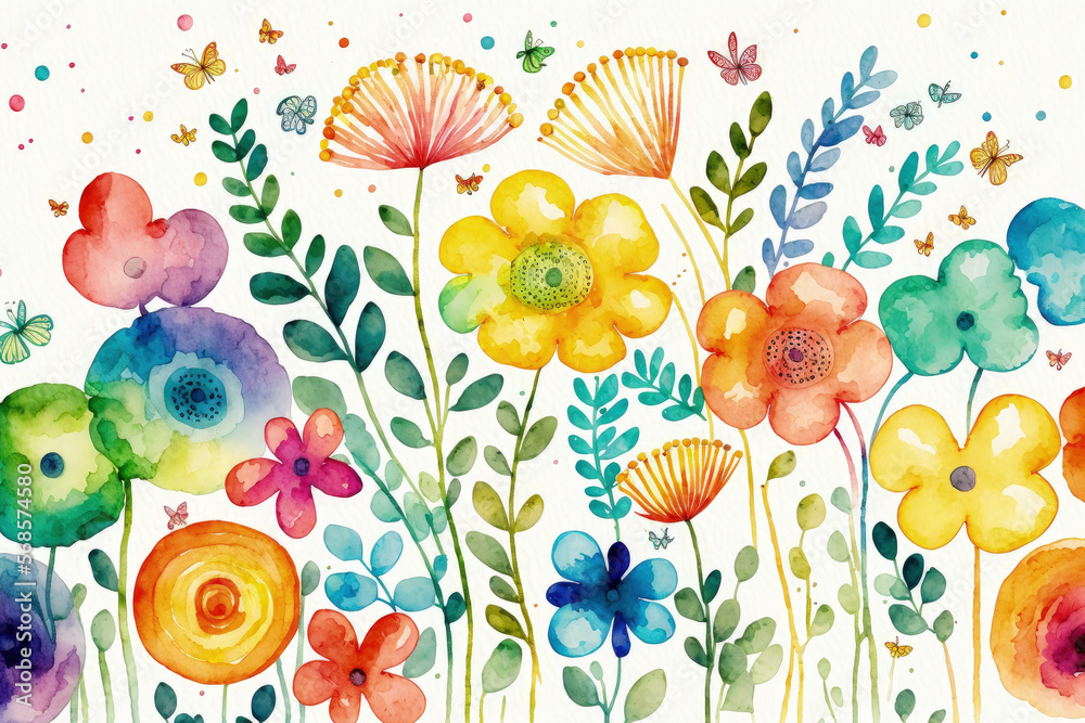 Seamless watercolor flower rainbow design. Rainbows, butterflies, and ...