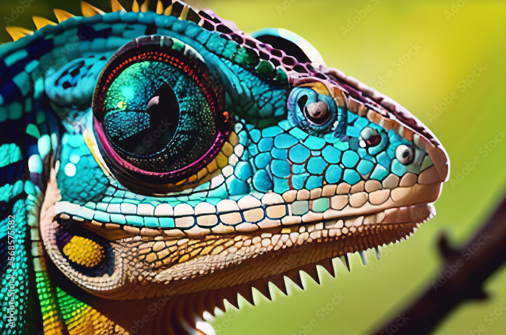 Turquoise-blue-lilac chameleon sitting on a stone with a black ...