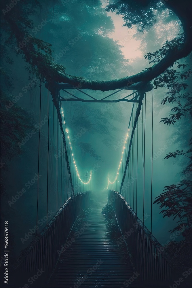 suspension bridge in rainforest with a string of lights on either side ...