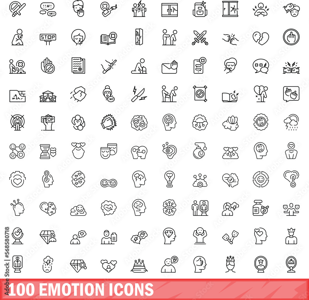 100 emotion icons set. Outline illustration of 100 emotion icons vector ...