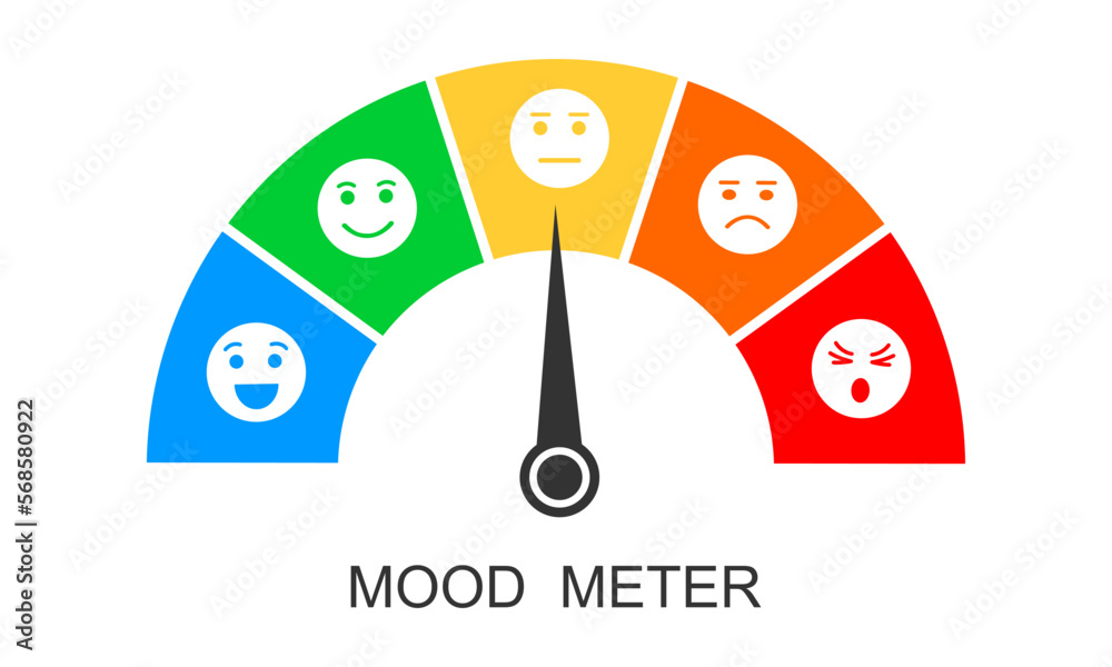 Mood meter. Gauge with arrow and different emotional faces from happy ...