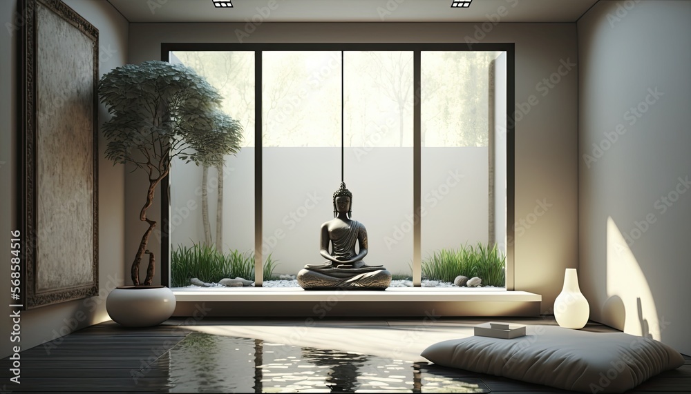 Serene meditation room with neutral colors, large windows and an indoor ...