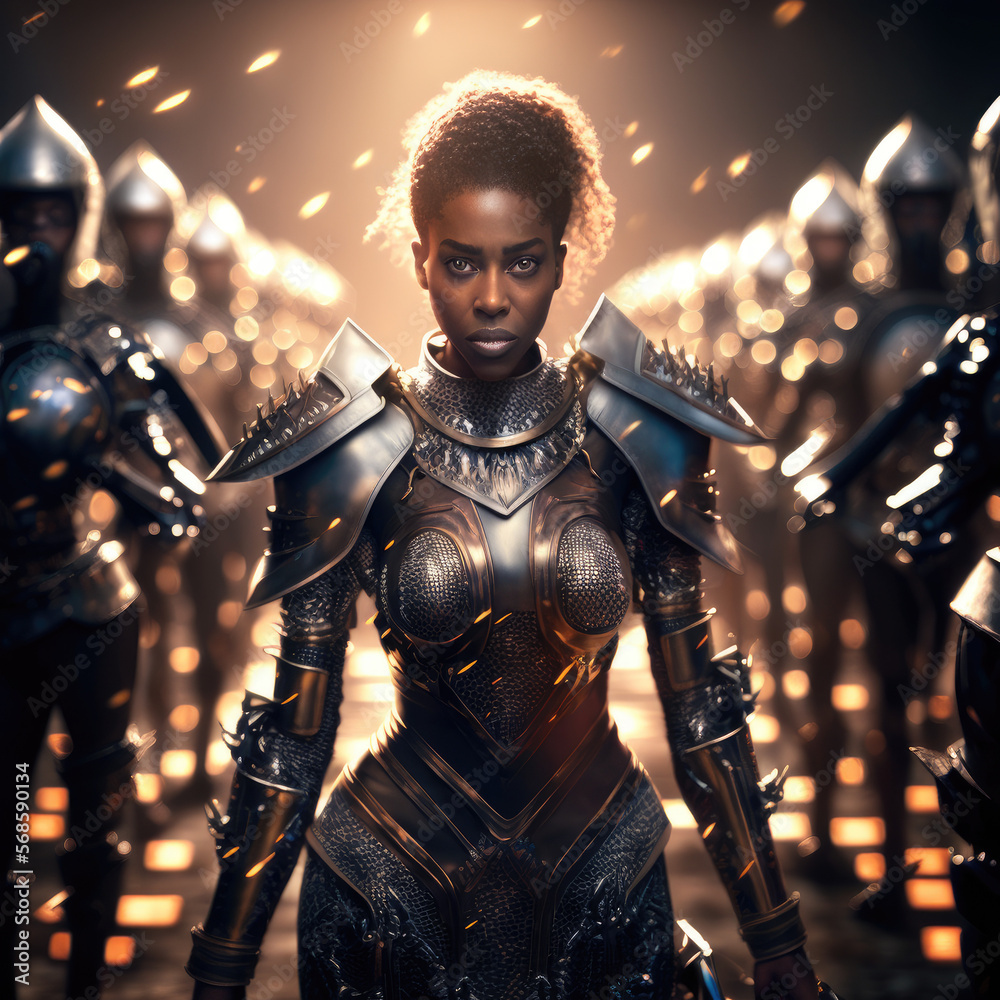 Beautiful African American Woman, Covered in Shiny Armor, Leading an ...