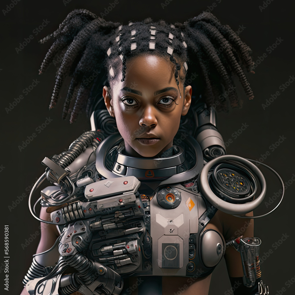 Sci-Fi torso body shot, young black girl as cyber Futuregirl ...