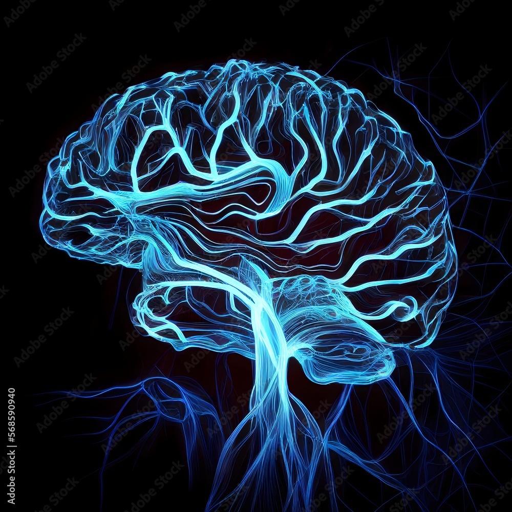 Human brain formed by electric blue abstract light lines for concept of ...