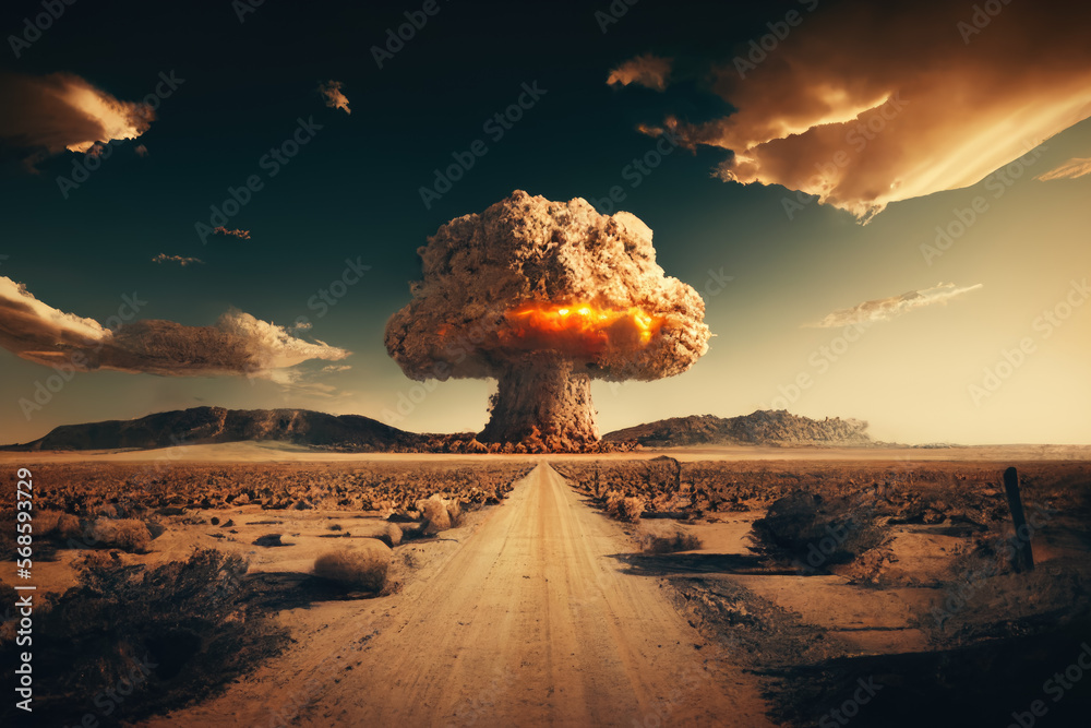 An explosion in a town skyline making a nuclear fire mushroom cloud in an apocalyptic war ...