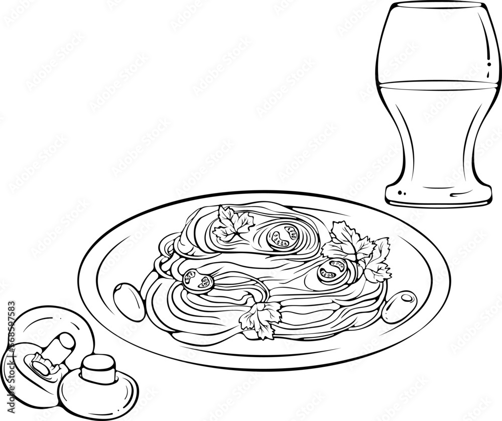 Still life with pasta on a plate and drink. Vector illustrations in ...