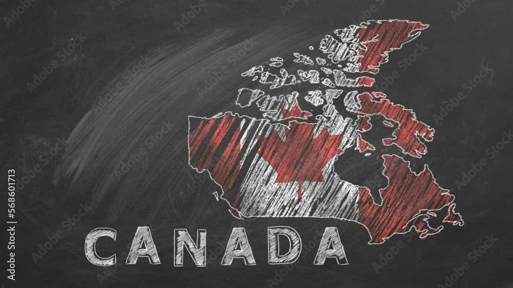 Map of Canada with name and flag inside drawn in chalk on a blackboard ...