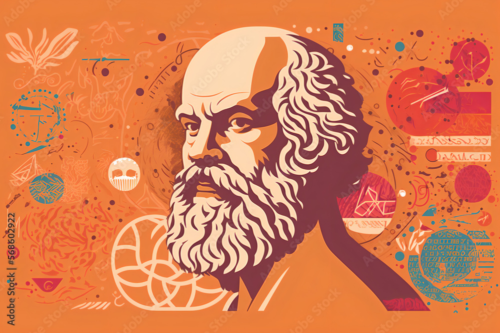an illustration of Socrates, the ancient Greek philosopher, surrounded ...