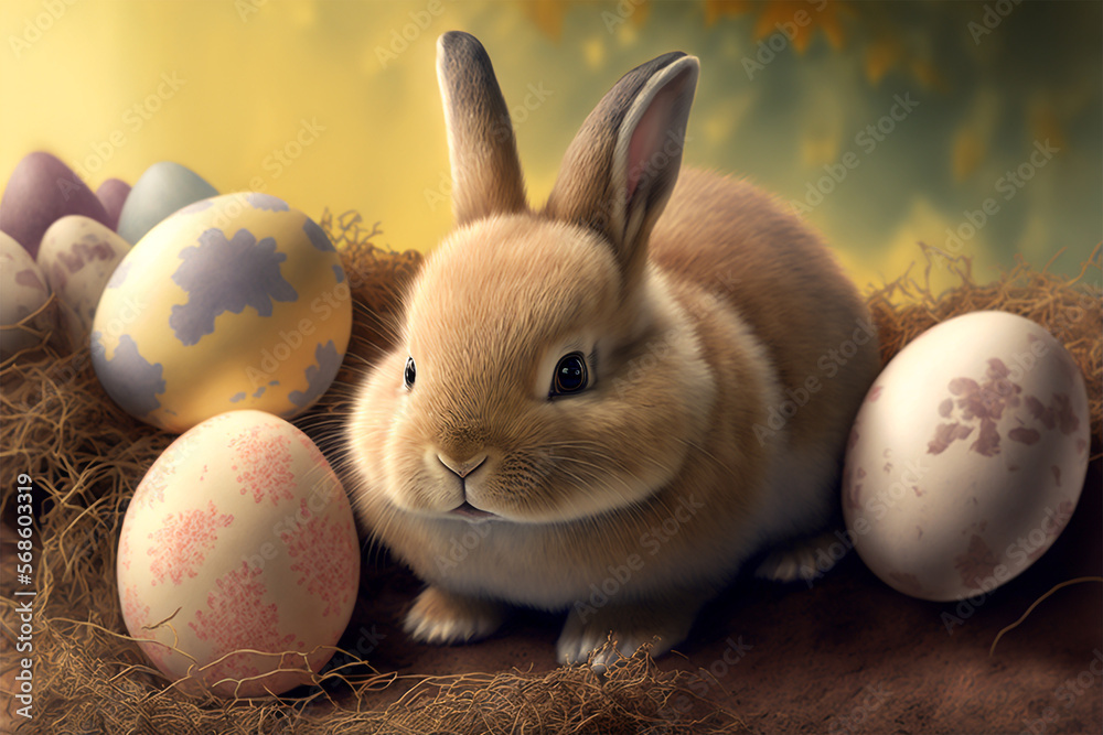 Cute easter bunny with easter eggs, in a nest. Easter wallpaper ...