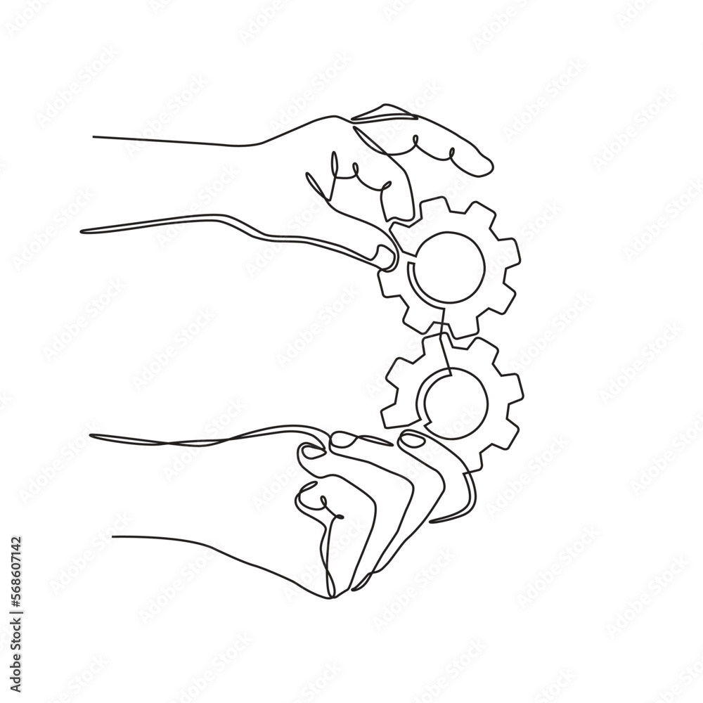 Continuous line drawing of two hands holding metal gears. hand drawn ...
